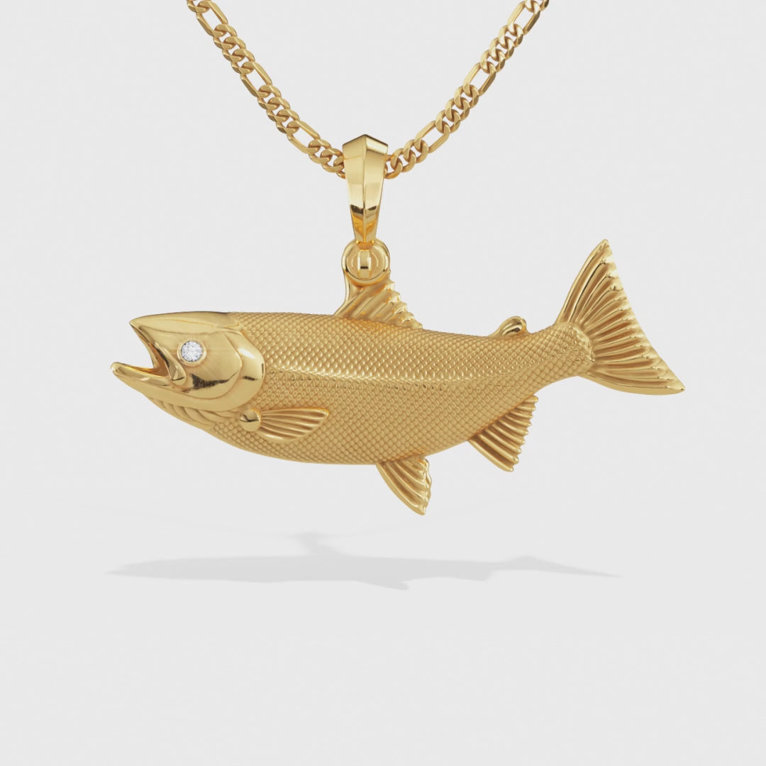 Exquisite 3D Salmon Fish Pendant with Diamond Eyes | 14k Gold - Tiny Bling
